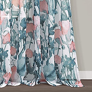 Lush Decor Zuri Flora Sheer Window Curtain Panel Pair, 84" Long x 38" Wide, Blue & Coral