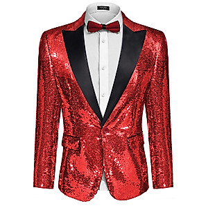 COOFANDY Mens Sequin Suit Jacket Stylish Shawl Lapel Glitter Blazer Jacket with Pockets Red