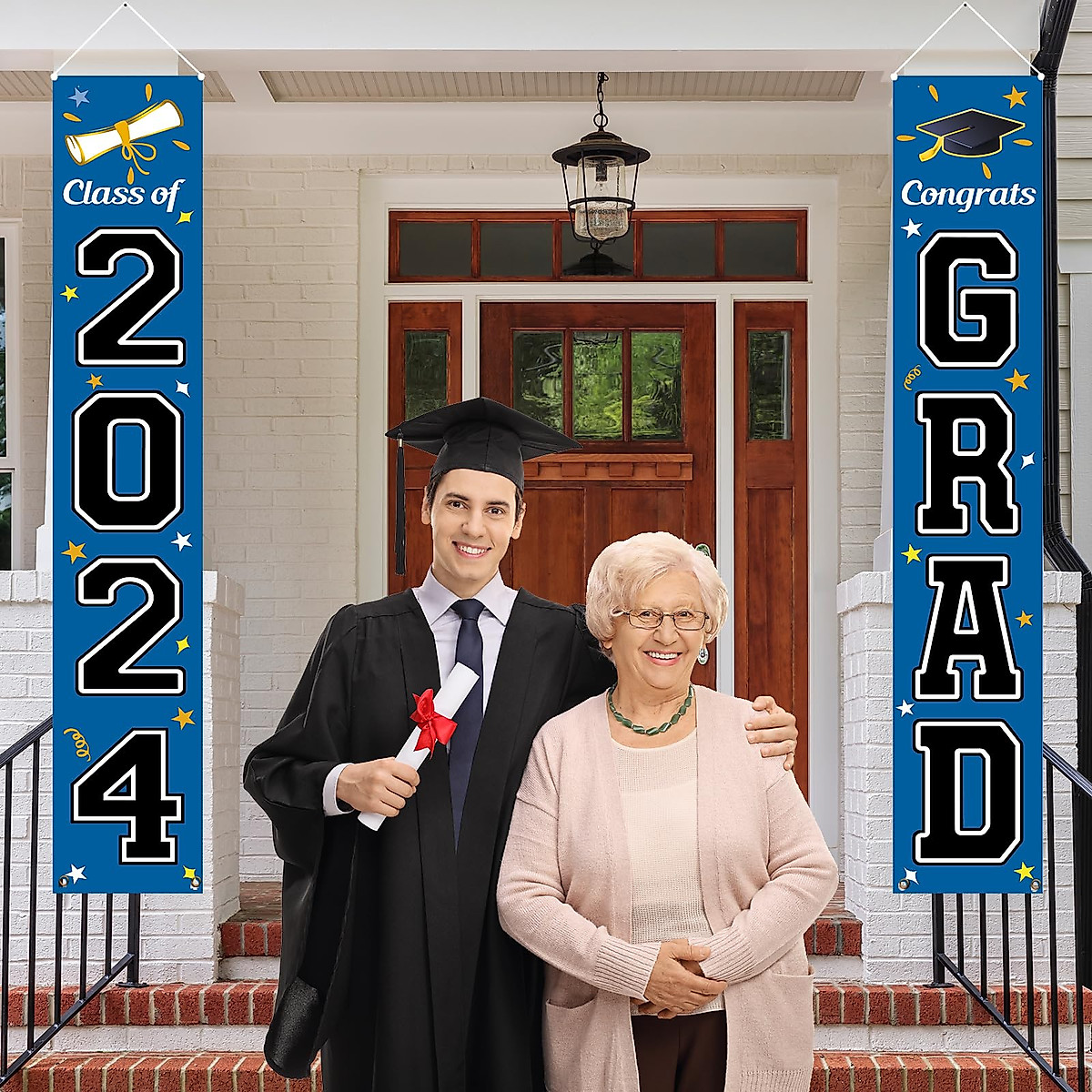 KMUYSL Graduation Decorations Class of 2024, Red & Blue Congrats Grad Banner Hanging Flags Porch Sign, 2024 Graduation Decorations Party Supplies for Any School Indoor/Outdoor Decor