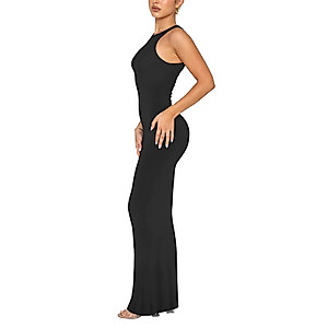 REORIA Women's Summer Sexy Casual Lounge Tank Long Dress Elegant Wedding Guest Sleeveless Halter Neck Bodycon Maxi Dresses Black Medium
