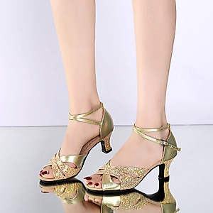 AOQUNFS Women&Girls Ballroom Latin Salsa Dance Shoes Practice Performence Weding Party Low Heel Dance Shoes,DY05-Gold-5.5,US 9