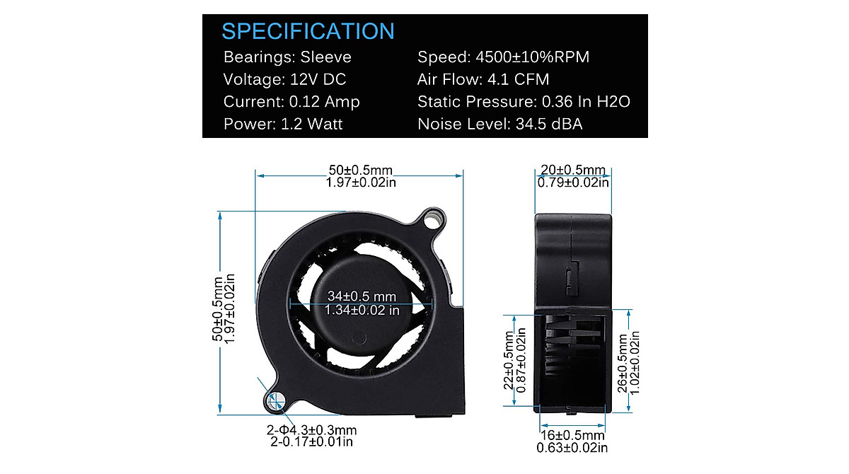 GDSTIME 50mm Turbo Cooling Fan, 12v Blower Fan, 50mm x 20mm DC ...