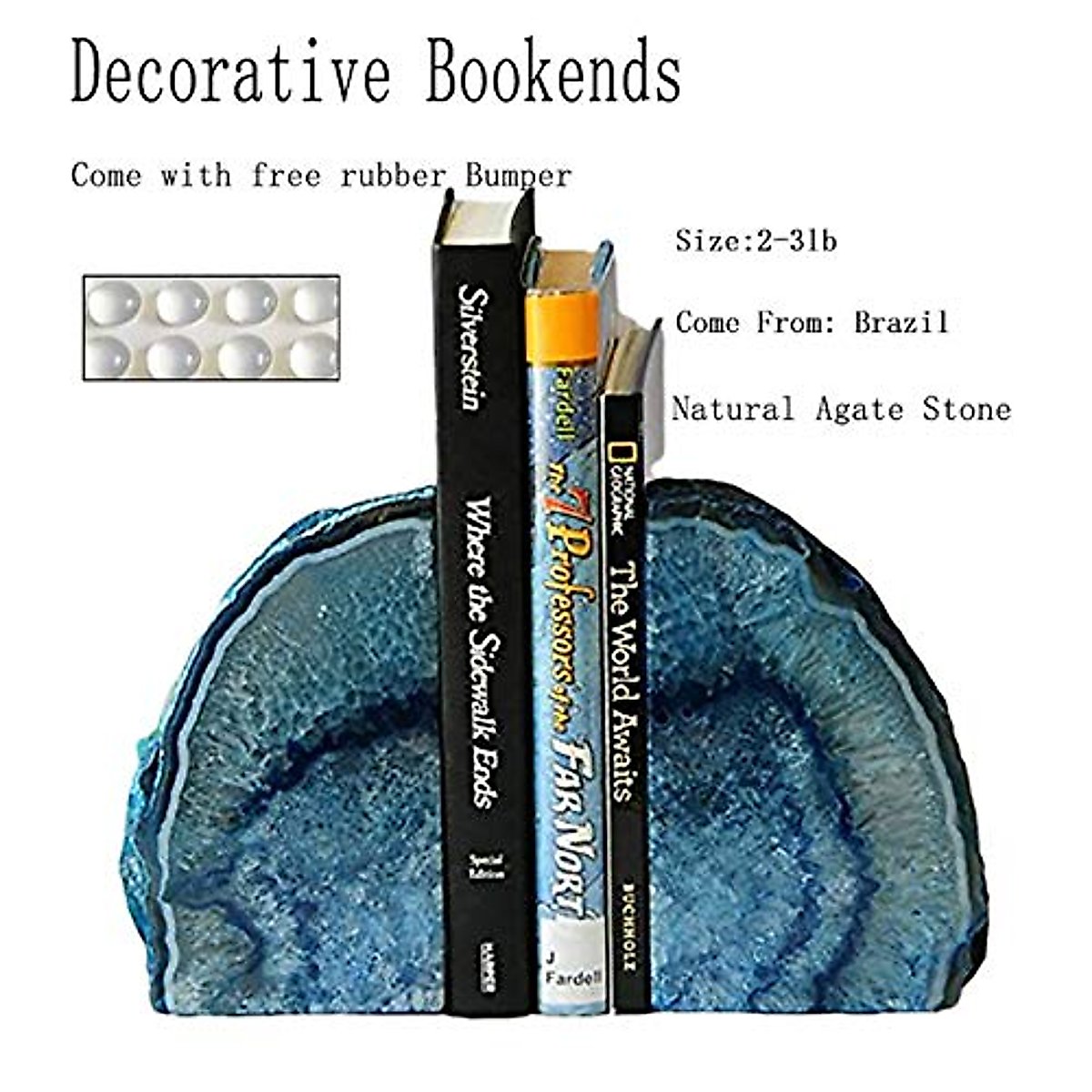JIC Gem Dyed Blue Agate Bookends 2 to 3 Lbs Polished Geode 1 Pair with Rubber Bumpers for Office and Home Decoration Small Size