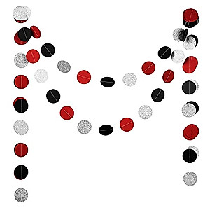 WEVEN Red Black Silver Glitter Paper Garland Circle Dot Streamer Party Banner Backdrop Hanging Decorations, 2.5" in Diameter, 20 Feet in Total