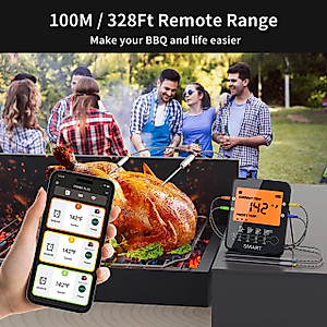 Rilitor Bluetooth Meat Thermometer,Wireless Digital Grill Thermometer with 4 Probes, Oven BBQ Thermometer with 100M/328Ft Smart APP Remote Suit for Kitchen Food Garden Smoker Barbecue Cooking