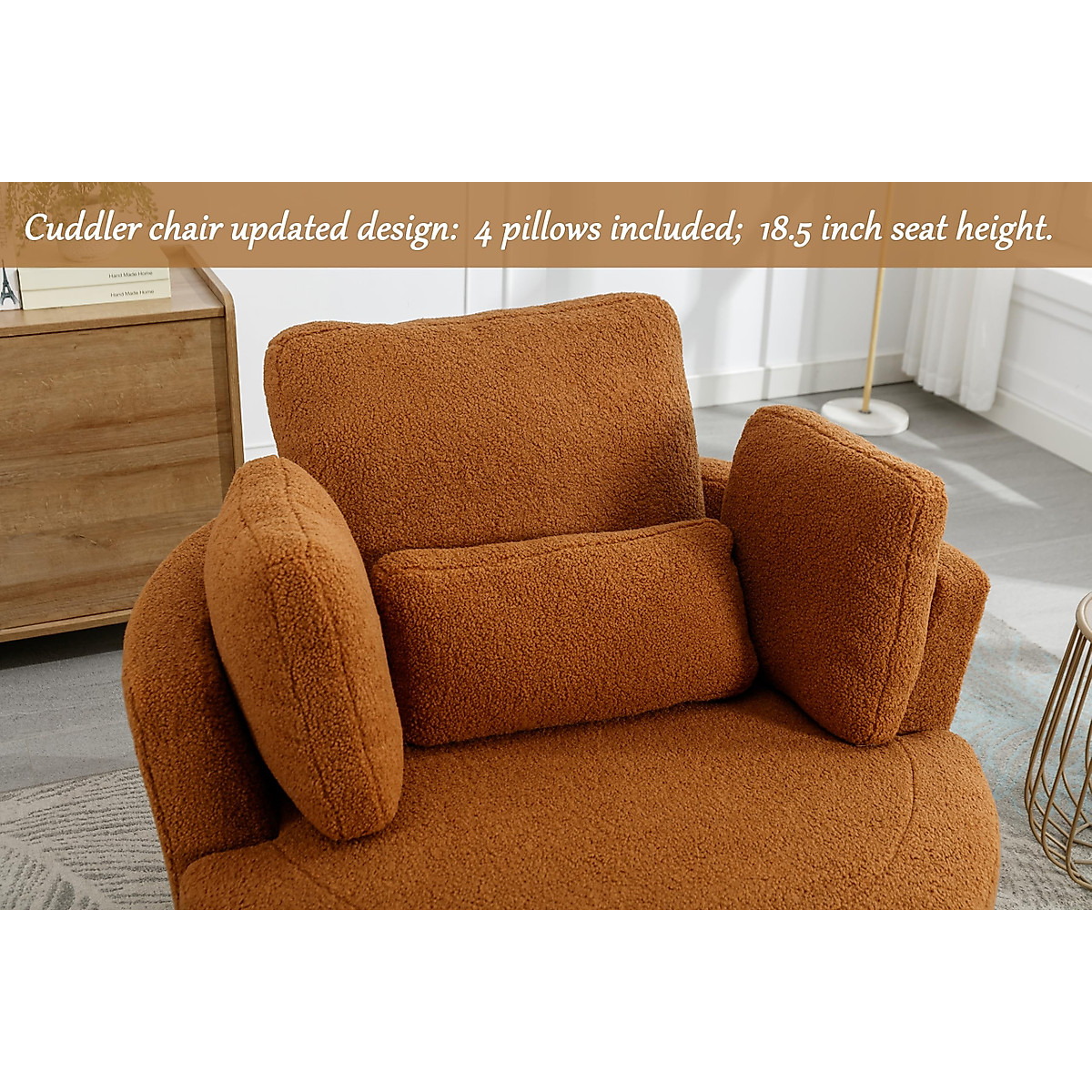 Oversized Accent Swivel Barrel Chair, Modern Upholstered Cuddle Sofa Chair with 3 Pillow 360 Swivel Lounge Chair Leisure Cozy Club Chair for Living Room Bedroom Office (Sherpa Caramel)