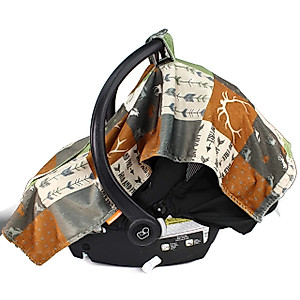 Dear Baby Gear Deluxe Reversible Car Seat Canopy, Custom Minky Print, Faux Quilt Rust Adventure and Moose on Brown