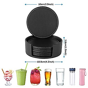 CARLWAY Set of 6 Leather Drink Coasters Round Cup Mat Pad for Home and Kitchen Use Black, 3.94"