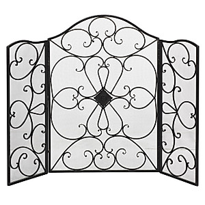 Deco 79 Metal Scroll Foldable 3 Panel Fireplace Screen with Mesh Netting, 49" x 1" x 36", Black