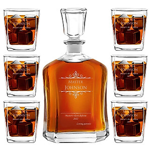 Maverton Whiskey carafe + 6 glasses with engraving - 23 fl oz. classical spirits decanter for her - 10 fl oz glasses for women - Whisky set - For Birthday - Personalized glassware - Master
