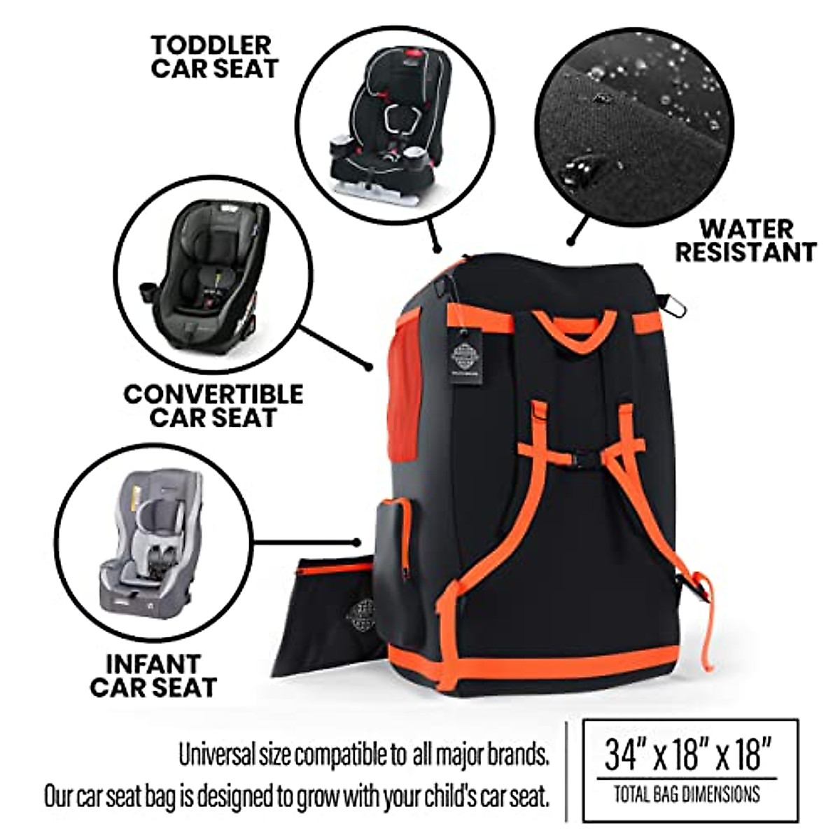 BALLISTIC IRON Heavy Duty Car Seat Travel Bag - Fits Convertible Car Seats, Infant Car Seats & Booster Seats - Carseat Cover For Airplane Travel - Carseat Travel Bag For Airplane - Car Seat Cover For Airplane Travel - Car Seat Bag - Car Seat Travel Bag Fo