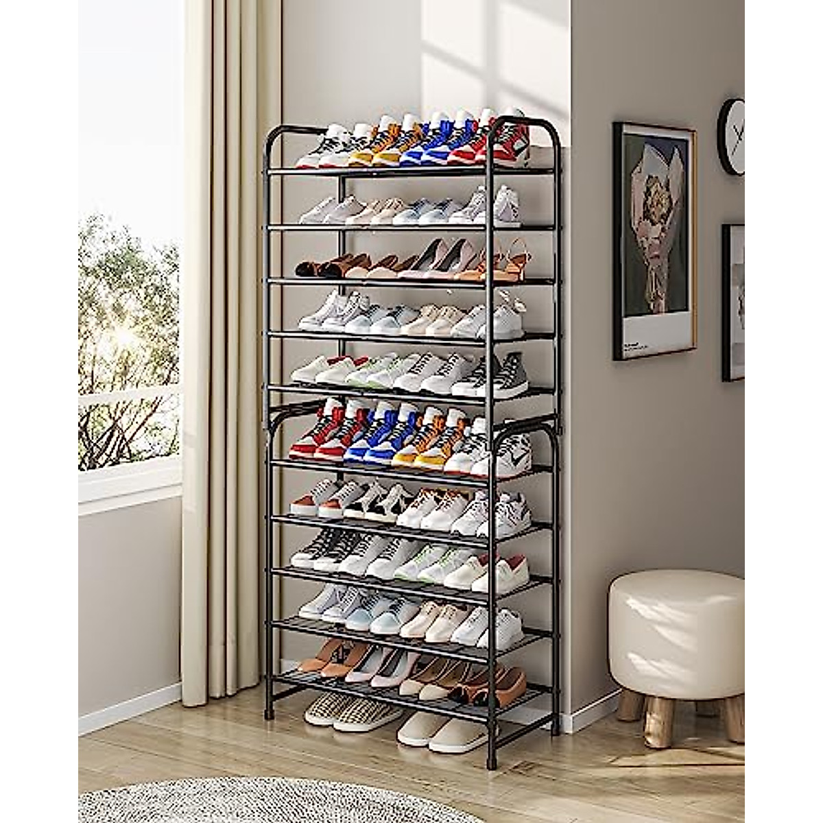Ekisemio 5-Tier Shoe Rack Organizer, Stackable & Adjustable Shoe Shelf Storage, Heavy Duty Metal Wire, Black