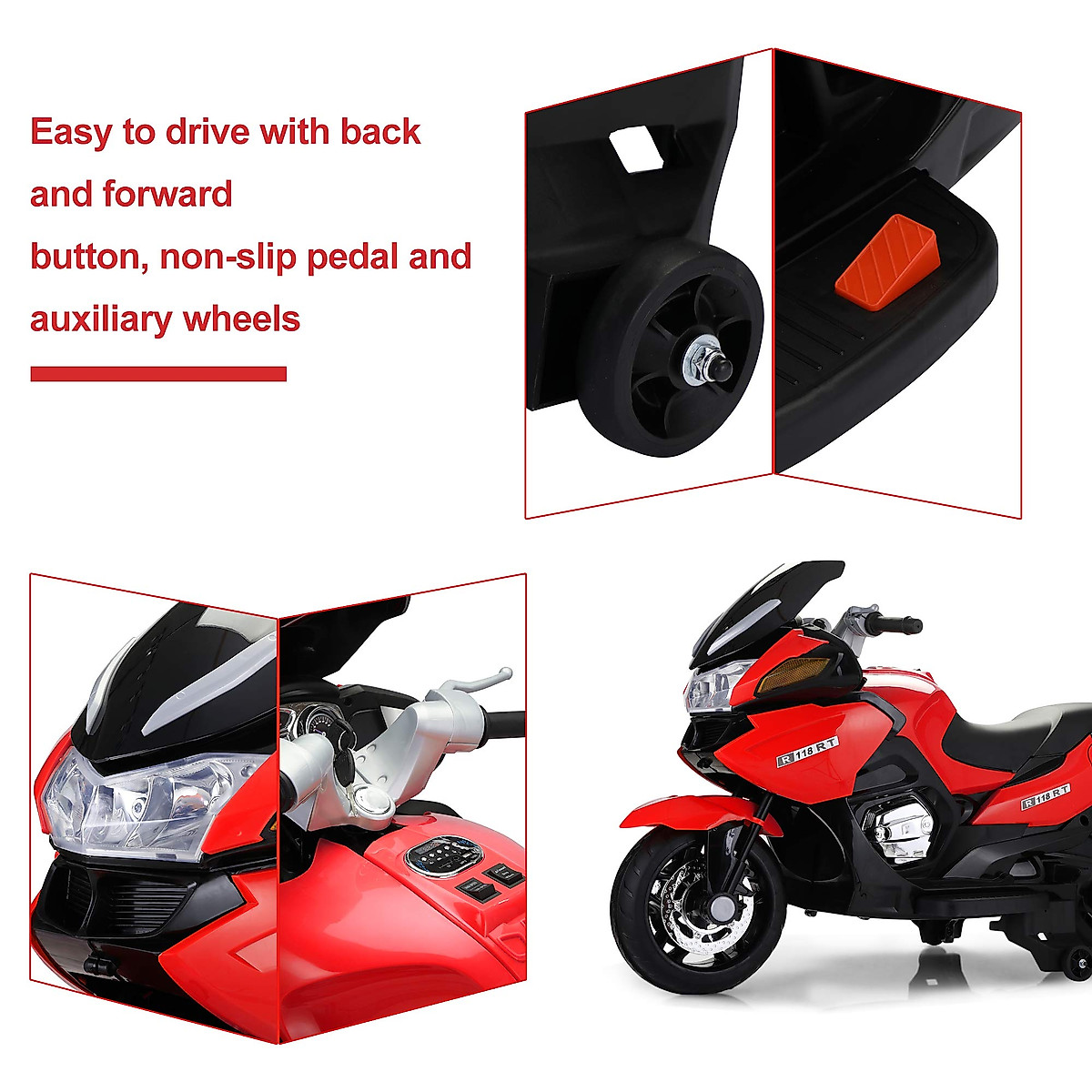 TOBBI 12V Kids Ride On Electric Motorcycle, Toddler Dirt Bike Training Wheels, Battery Powered Motorbike for Kids with LED Lights/Music/USB/Pedal, Ideal Gift for Children Boys Girls-Red