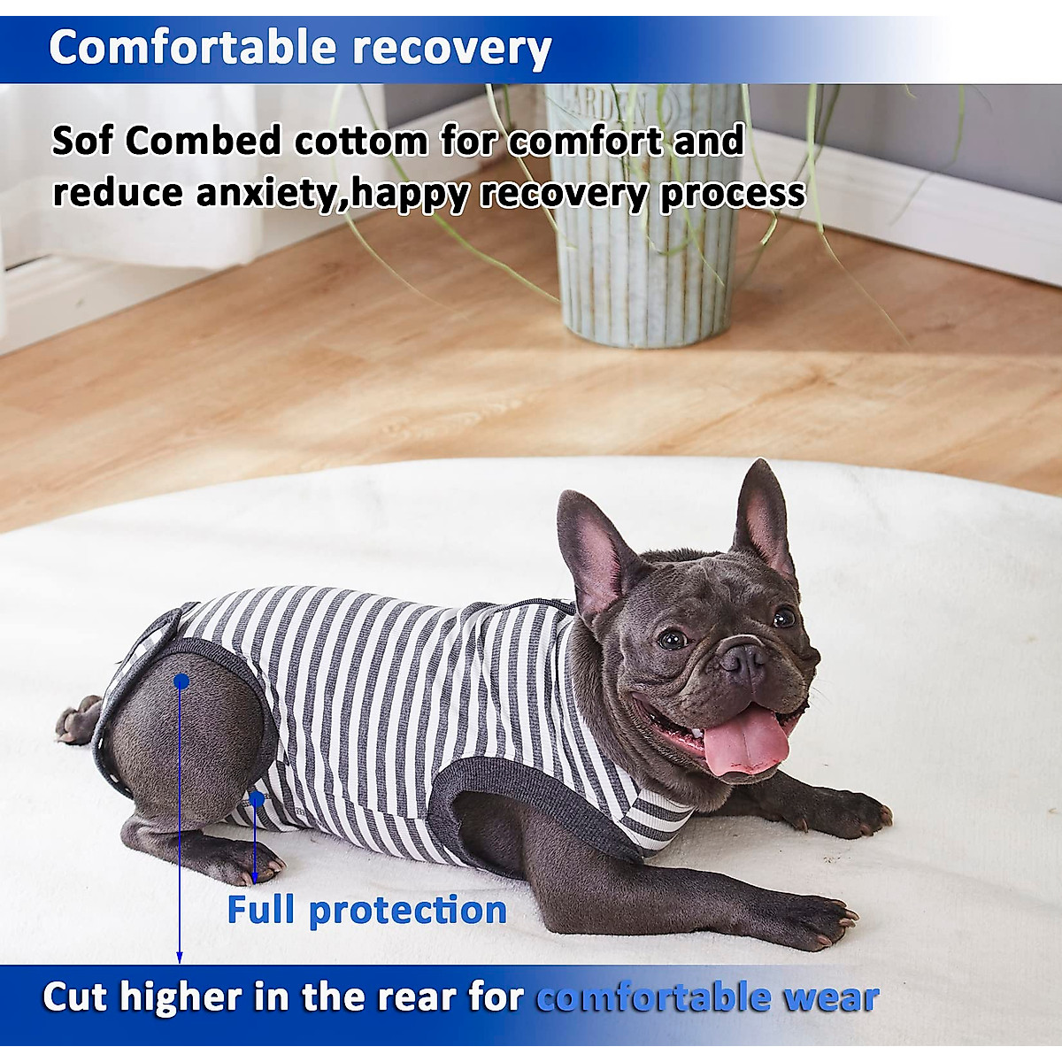 Wabdhally Dog Surgery Recovery Suit,Surgical Suit for Small Female Spay,Soft Combed Cotton,Grey Striped Zipper Onesie S