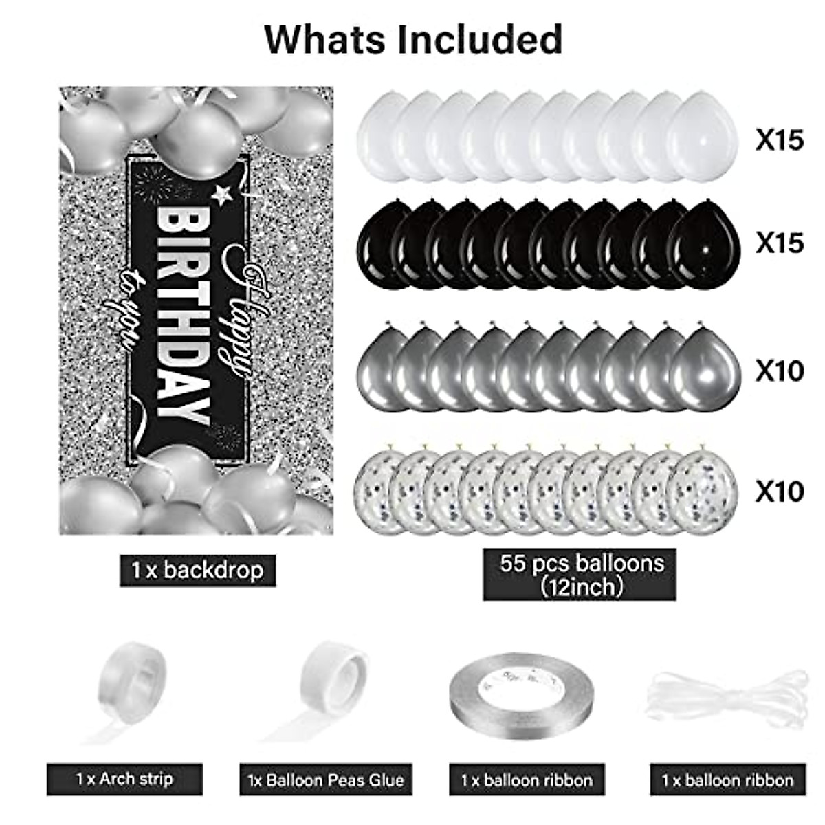 Black and Silver Birthday Party Decorations Black Silver Balloons Arch Garland Kit Silver Black Birthday Photography Backdrop Banner for Kids Adults Anniversary Birthday Party Supplies Decor