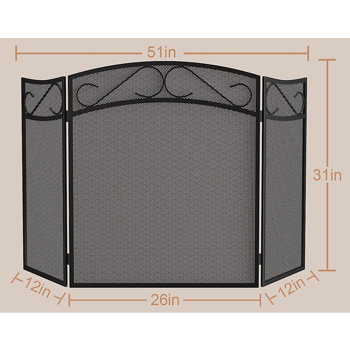 Fire Beauty Fireplace Screen for Wood Burning Fireplace Foldable 3 Panel Wrought Iron Fireplace Cover with Protective Mesh Fire Spark Guard for Indoor Outdoor Flat Guard Fire Screens Black(Large)