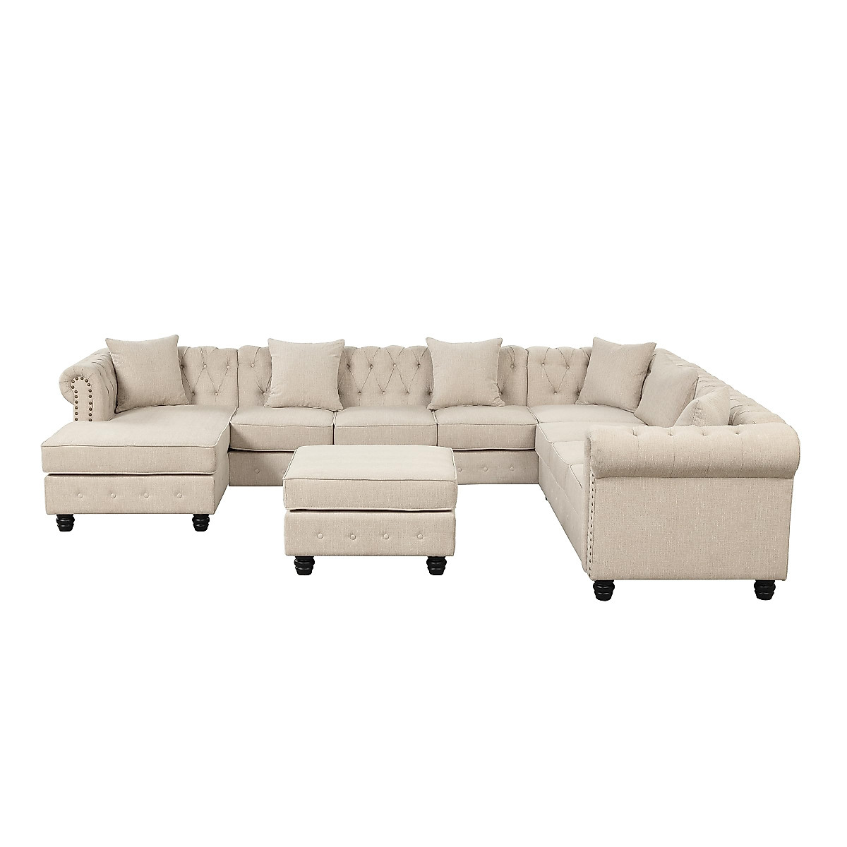 Morden Fort Chesterfield Modular Convertible Sectional U-Shape Polyester Fabric Sofa with Chaise Accent Tufted Couch for Living Room Furniture Set