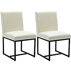 VESCASA Faux Leather Upholstered Dining Chairs with Black Metal Frame, Mid Century Modern Padded Kitchen Chair with Adjustable Foot Pads for Restaurant, Dining Room, Set of 2, Cream