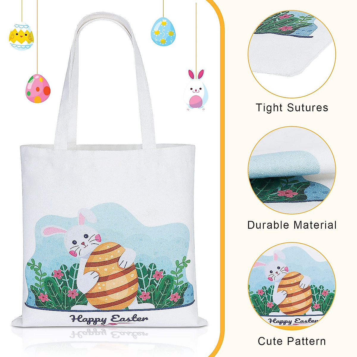 AKEROCK Easter Bags, 3 PCS Easter Bags with Handles, Large Reusable Tote Bags for Kids Egg Hunt - Easter Canvas Bags