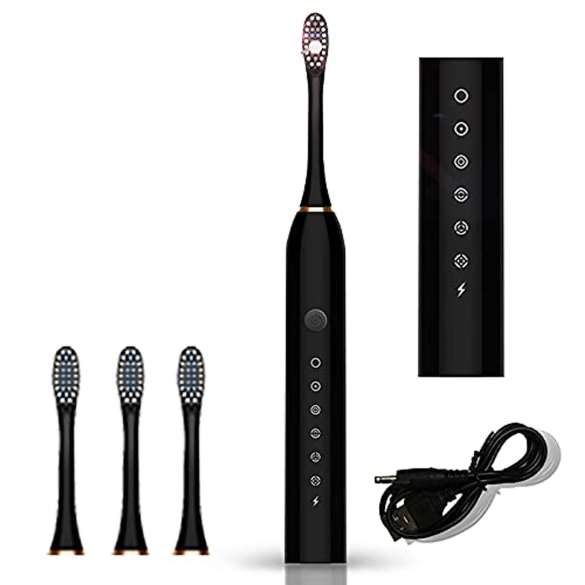 Sonic Electric Toothbrush Rechargeable Ideal for Adults Children, 6 Optional Modes IPX7 USB Fast Charging Electric Ultrasonic Toothbrush with 2 min Build in Timer & 4 Replacement Brush Heads（Black）
