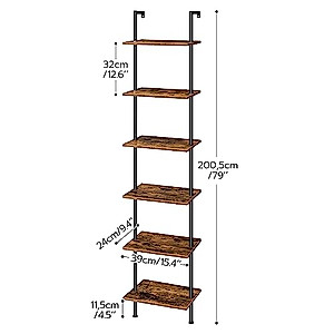 HOOBRO DIY Ladder Shelf, 6-Tier Wooden Wall Mounted Bookshelf, Narrow Bookcase, Display Shelf, Storage Rack, Plant Stand, for Living Room, Bedroom, Study, Balcony, Rustic Brown and Black BF651CJ01