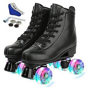 Roller Skates PU Leather High-top Roller Skates Four-Wheel Roller Skates Shiny Roller Skates with Carry Bag for Girls and Boys (Flash Wheel,US:5)