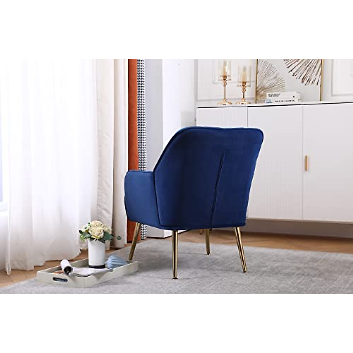 Goujxcy Modern Accent Chair, Velvet Living Room Chair, Club Chair Upholstered Tufted Decorative Reading Chair, Corner Side Chair, Vanity Chair for Bedroom, Living Room (Navy Blue)