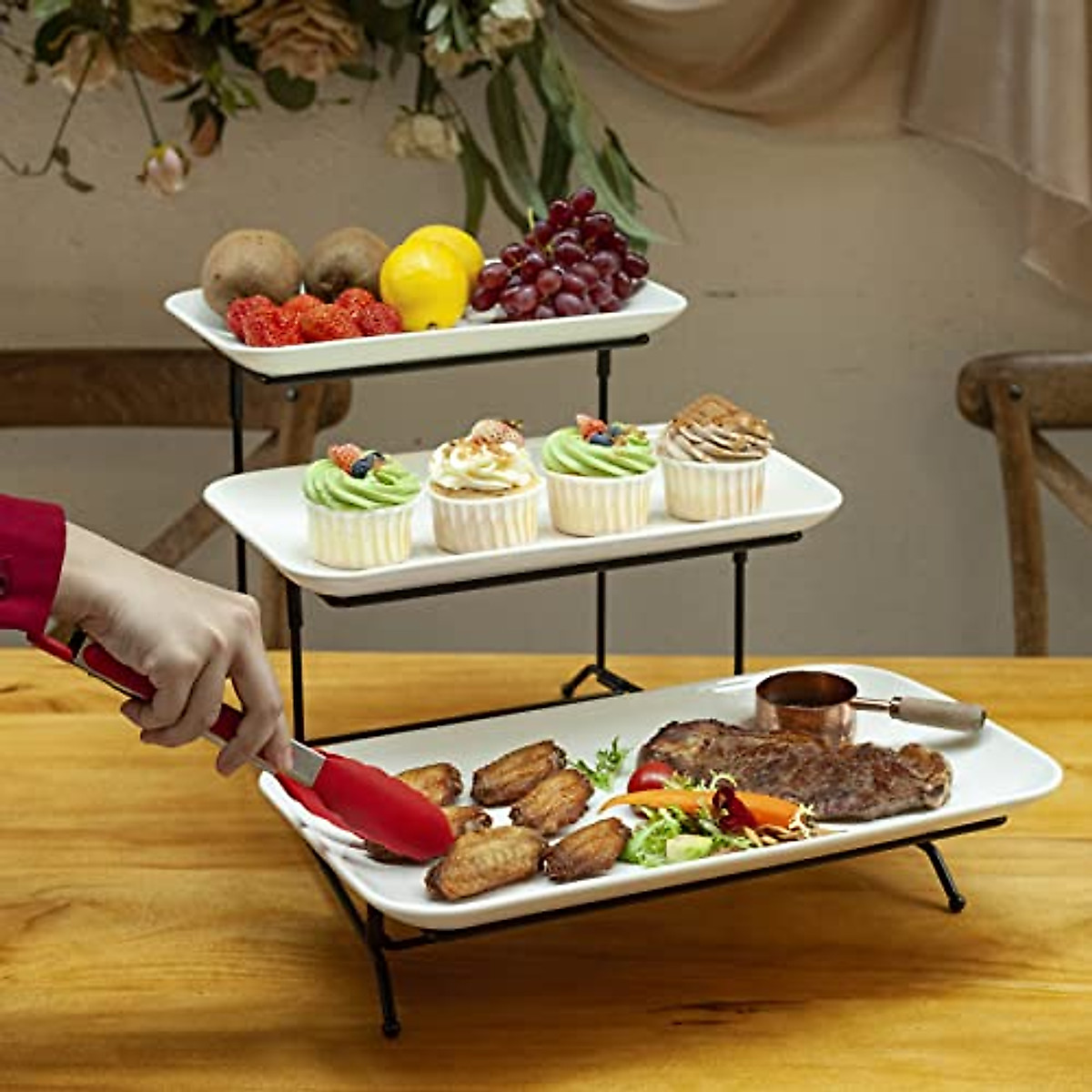 HAPPY KIT 3 Tier Serving Tray with Tong, Ceramic Rectangular Serving Platters for Cupcake Stand Display, 16/14/12inch Tiered Serving Tray with Collapsible Sturdy Metal Rack for Dessert Server Display