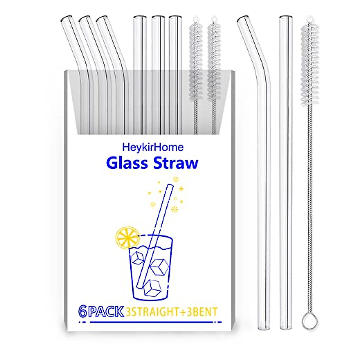 HeykirHome 6-Pack Reusable Glass Straw-Transparent,Size 8''x10 MM,Including 3 Straight and 3 Bent with 2 Cleaning Brush- Perfect For Smoothies, Tea, Juice-Clear