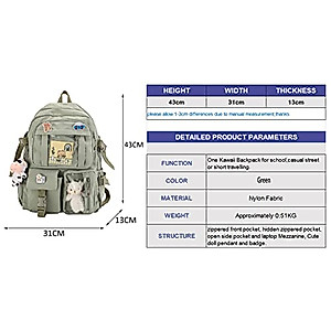 Kawaii Backpack Cute School Backpacks Aesthetic Bookbags with Kawaii Pin Accessories for Teen Girls (Green)