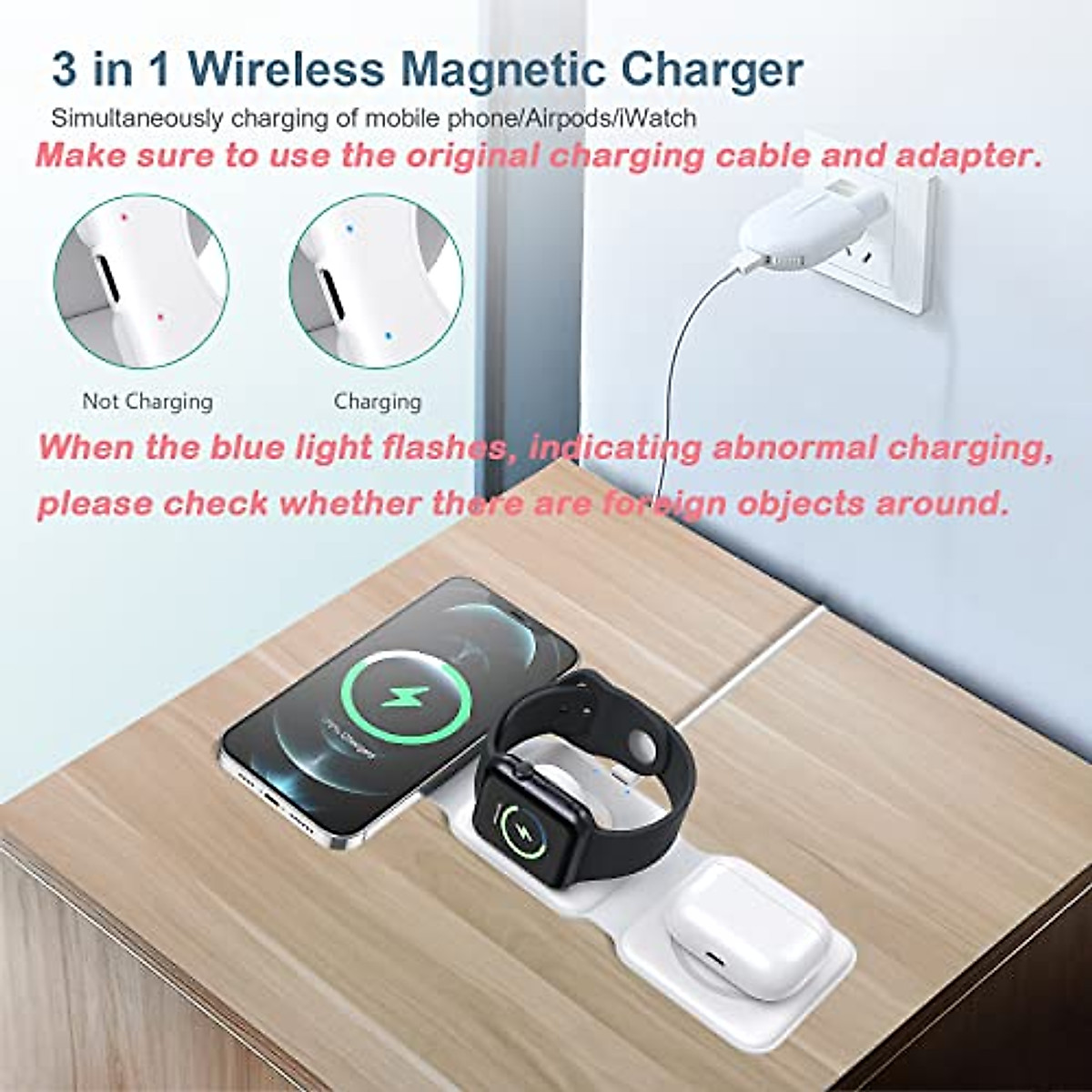 3 in 1 Foldable Wireless Charger, Ankilo Magnetic Fast Wireless Charging Pad, Compatible with iPhone 14/Pro/Max/Plus/13/12, Apple Watch, AirPods Pro(Adapter not Included)