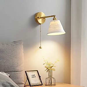MAIYO Nordic Brass Metal Indoor Wall Light, White Ceramic Wall Lamp with Pull Cord Switch, Home Decorative Wall Sconce, for Bedroom Living Room