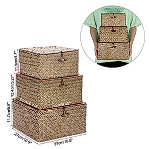 Hipiwe Wicker Shelf Baskets Bins with Lid Handwoven Storage Baskets Boxes Natural Seagrass Basket Box Home Decorative Household Organizer Bins Boxes for Shelf Organizing,Set of 3