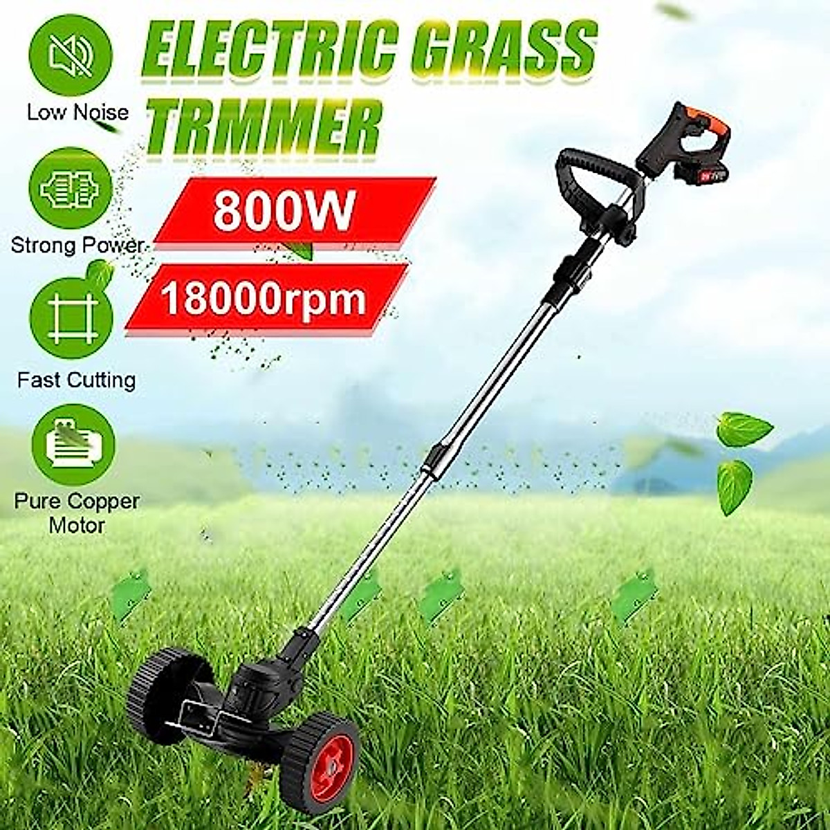 Weed Wacker, 21V Electric Cordless Weed Eater Lightweight Grass Trimmer/Lawn Edger/Mower/Brush Cutter with 21V/2.0Ah Battery, Push Wheeled Weed Brush Cutter No String Trimmer for Yard and Garden