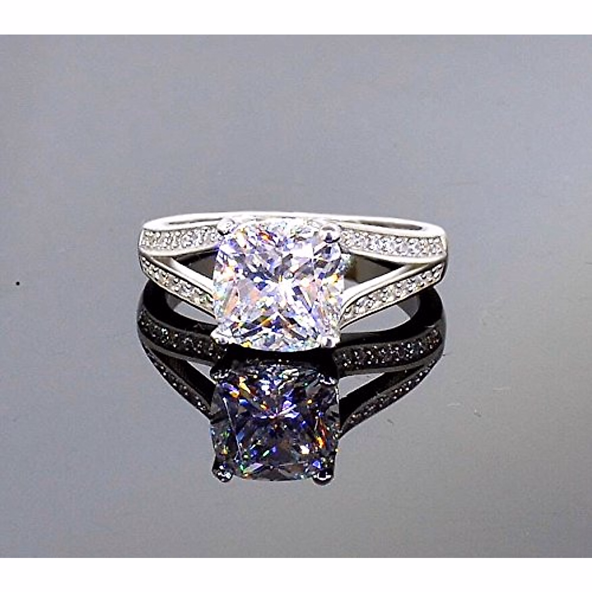 101 Facets 2 Carats Realistic Princess Cushion Cut NSCD Simulated Diamond Solitaire Split Shank Ring 925 Silver Platinum Plated RSPLIT90