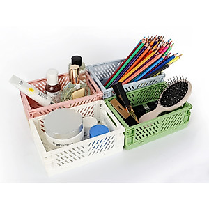 Reavor Pastel Crates, 4-Pack Mini Plastic Baskets Stackable, Small Foldable Cute Drawer Organizer for Office Desk Drawer Organizing Adorable