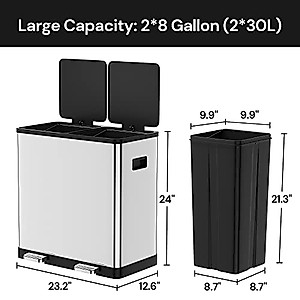 SunsGrove Trash Can 60L/16 Gallon Dual Trash Bin Recycle Bin with Dual Compartments Stainless Steel Step Garbage Can with Soft-Close Lid & Foot Pedals Recycling Bin for Kitchen/Office
