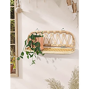 Sonefreiy Rattan Shelf Boho Wall Shelf Decorative Shelves Natural Handmade Woven Floating Shelf, Nursery Bedroom Living Room Bathroom Decor