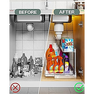 Under Sink Organizer and Storage with Under Sink Tray, 2 Tier Sliding Under Sink Shelf, L Shaped Pull Out Cabinet Basket Organizer, Slide Out Organizer Rack for Bathroom, Kitchen, 2 Pack, Clear