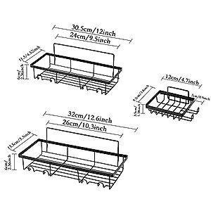Shower Caddy, Adhesive Shower Organizer, Shower Shelf with 8 Removable Hooks, No Drilling, Rustproof Stainless Steel Black Shower Storage Basket Shelf for Kitchen, Bathroom