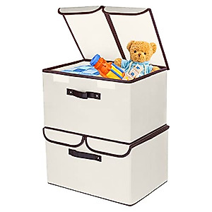 ShellKingdom Large Storage bins, 2 Set Foldable Linen Fabric Storage Cubes Organizer with Lid, Leather Handles, Removable Divider for Home, Closet, Toys, Cloth Storage Boxes - 16.5x11.8x9.8'' (Beige)
