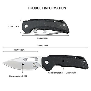 2.56'' D2 Steel Blade Linen Handle with Clip Mini Folding Pocket Knife,Camping Portable EDC Tool,Outdoor Survival Knives,Christmas Gift for Men (Black Handle)