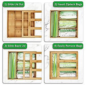 Hencoz Bamboo Ziplock Bag Organizer for drawer - Fits Gallon, Quart, Sandwich & Snack ziploc bags storage box with 4 compartments Suitable any brand Great kitchen organization (Hen001)