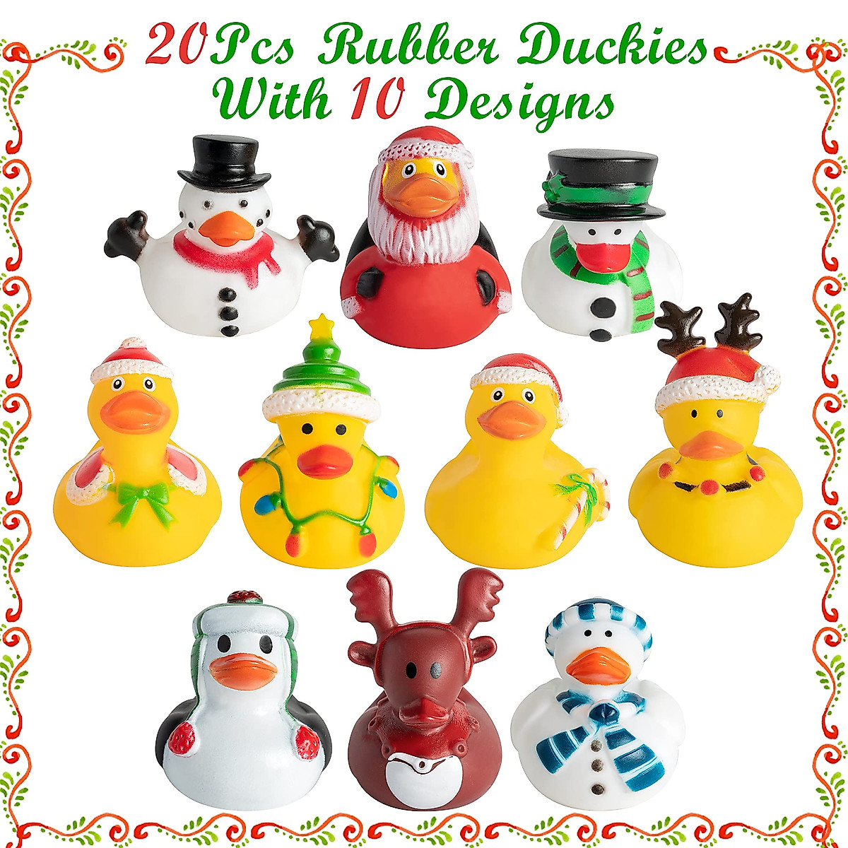 Haooryx 20Pcs Christmas Rubber Duckies Toys, Fancy Novelty Christmas Ducks Party Decorations for Kids Classroom Prizes Ducky Birthday Gift Xmas Winter Holiday Party Favors Goodie Bag Fillers