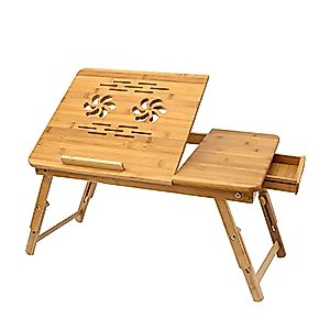 Bamboo Laptop Desk, Adjustable Portable Breakfast Serving Bed Tray with Tilting Top Drawer for Surfing Reading Writing Eating (Bamboo)