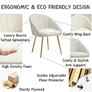 DRAGON GATE Sherpa Upholstered Dining Chairs Set of 2, Boucle Fleece Side Chair, Mid-Back Modern Accent Chair Armchair with Gold Legs for Living Room, Dining Room, Bedroom, Vanity Room, White