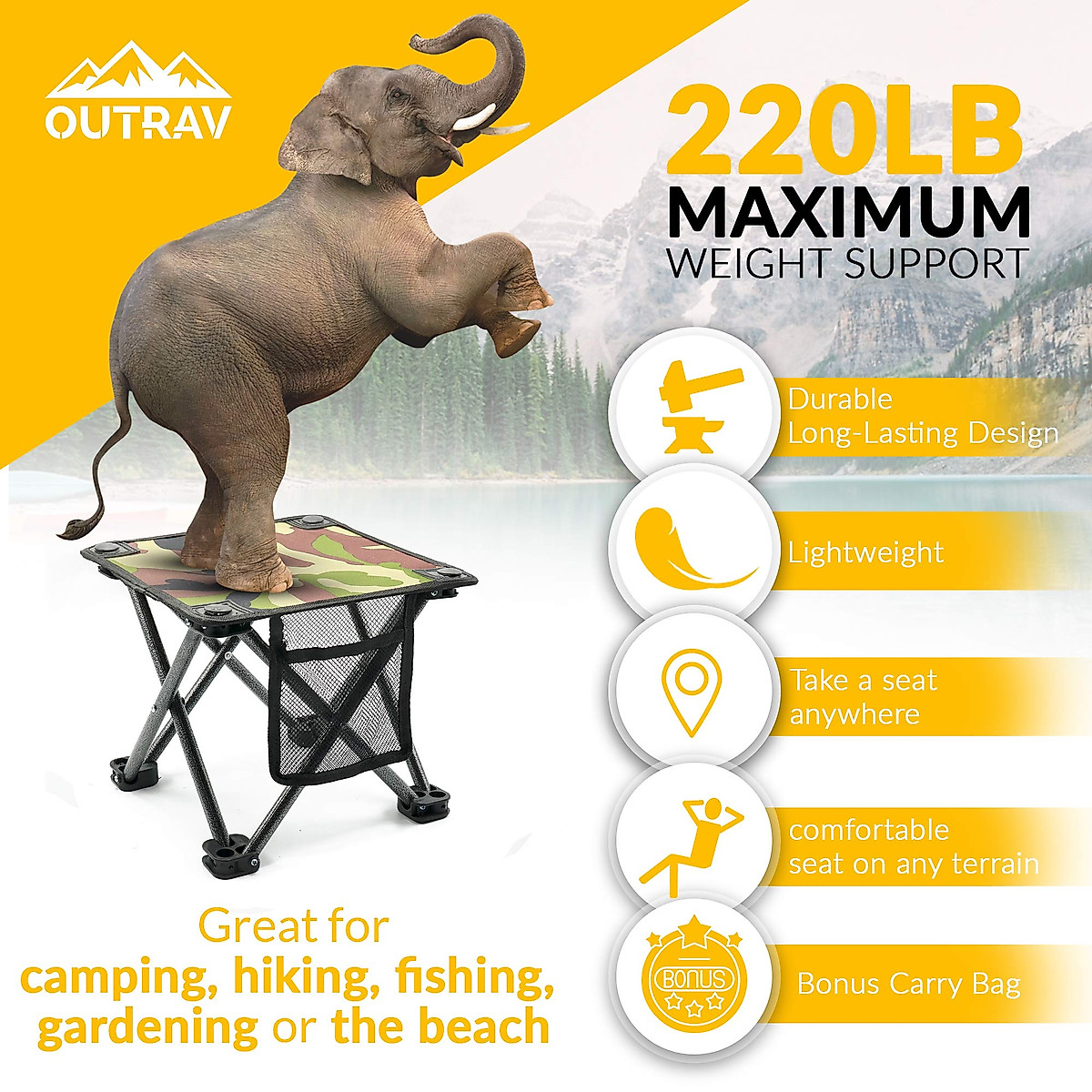 Outrav Camping Stool - Outdoor Travel Folding Small Chair - Portable Stool for Camping, Fishing, Hiking, Gardening, & Beach - Heavy Duty, Lightweight Easy to Carry Camping Seat with Carry Bag (Camo)