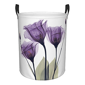 Gbuzozie 38L Round Laundry Hamper Purple Tulip Flowers Storage Basket Waterproof Coating Organizer Bin For Nursery Clothes Toys