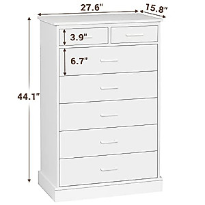 EPHEX Tall Dresser with 7 Drawers for Bedroom, Storage Tower Clothes Organizer, White Chest of Drawers with Sturdy Pedestal, 27.6'' W x 15.8'' D x 44.1'' H