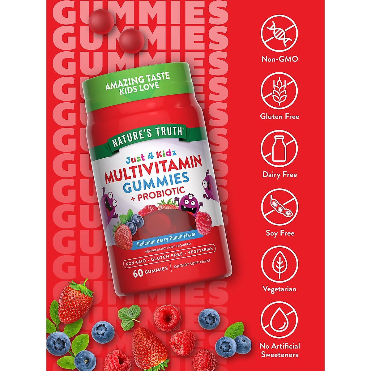 Nature's Truth Kids Multivitamin Gummies with Probiotics | 60 Count | Berry Punch Flavor | Vegetarian, Non-GMO, and Gluten Free Supplement